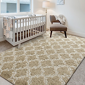 Hutha 8x10 Shag Large Area Rugs for Living Room, Beige and White Modern Super Soft Bedroom Carpet, Moroccan Luxury Geometric Plush Fluffy Rug for Kids Nursery Girls Room Indoor Home Decor