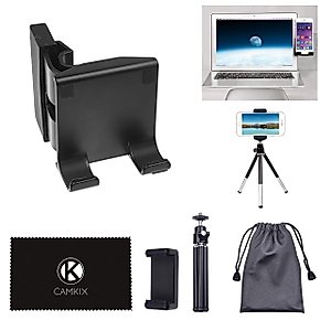 Camkix Mini Tripod and Smartphone Clip-On Holder - 1x Tabletop Extendable Tripod Photography, Vlogging, Online Meetings - 1x Adjustable Mount for Thin Laptop and Thick Desktop Monitors (up to 25mm)