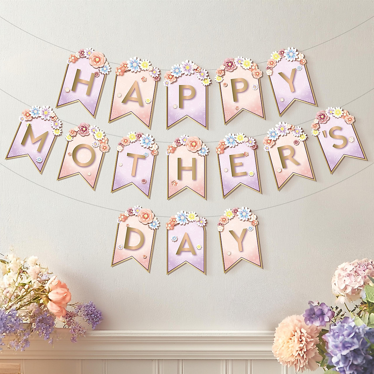 Pink Flower Happy Mother's Day Banner for Mothers Day Party Decoration Fishtail Flag Banner for Mother Party Supplies