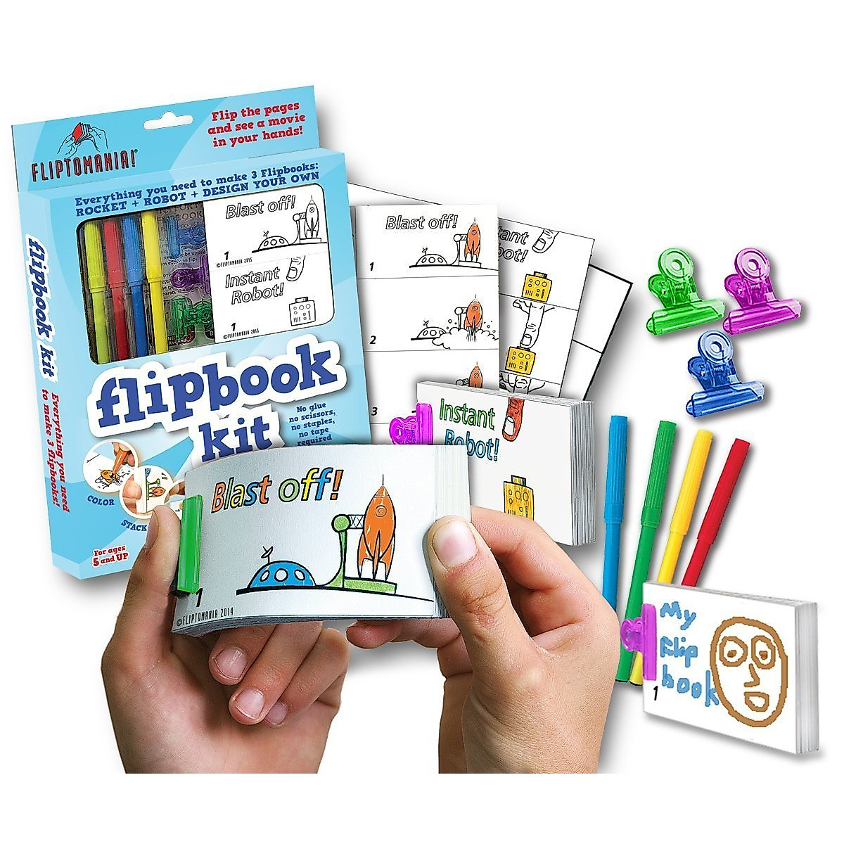 Fliptomania Bundle of 3 Flipbook Kits for Kids - Rocket & Robot, Frog and Butterfly, Dinosaurs - Save 15%