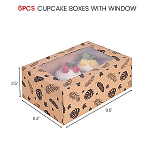 HANSGO 6 Sets Kraft Paper Cupcake Boxes, 9.5 x 6.3 x 3 Inches Cupcake Carrier with Window Holding 6 Count Cupcake Holder Containers Pastry Boxes for Bakery Muffins Cookies Treats Desserts