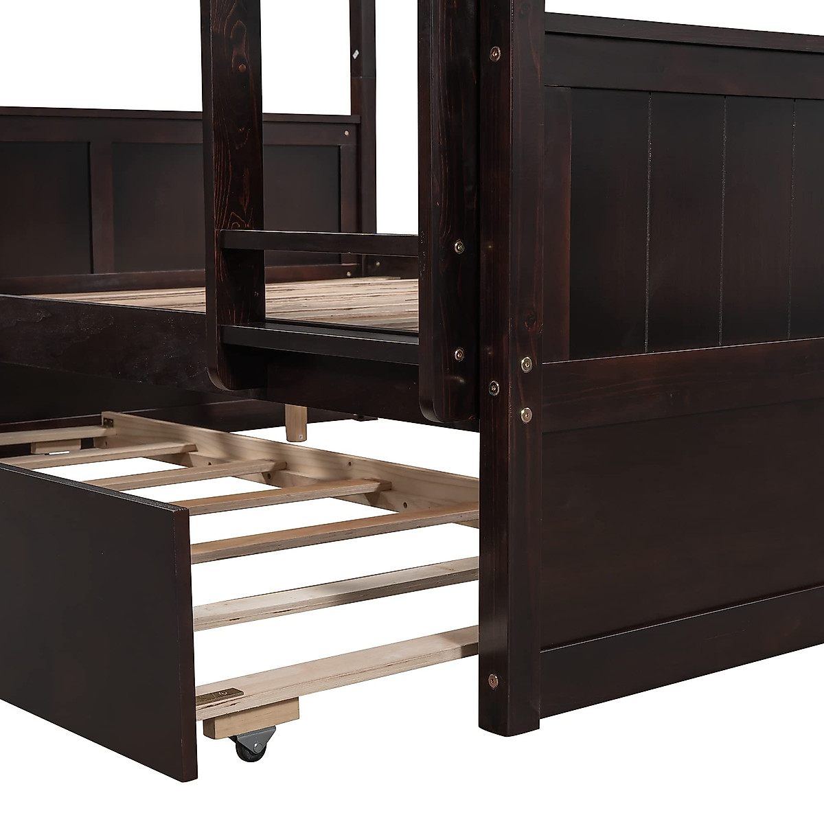 RUNWON Solid Wood Full Over Full Bunk Bed with Trundle and Ladder for Kids Adults Bedroom,Can be Split into Two Separate Beds
