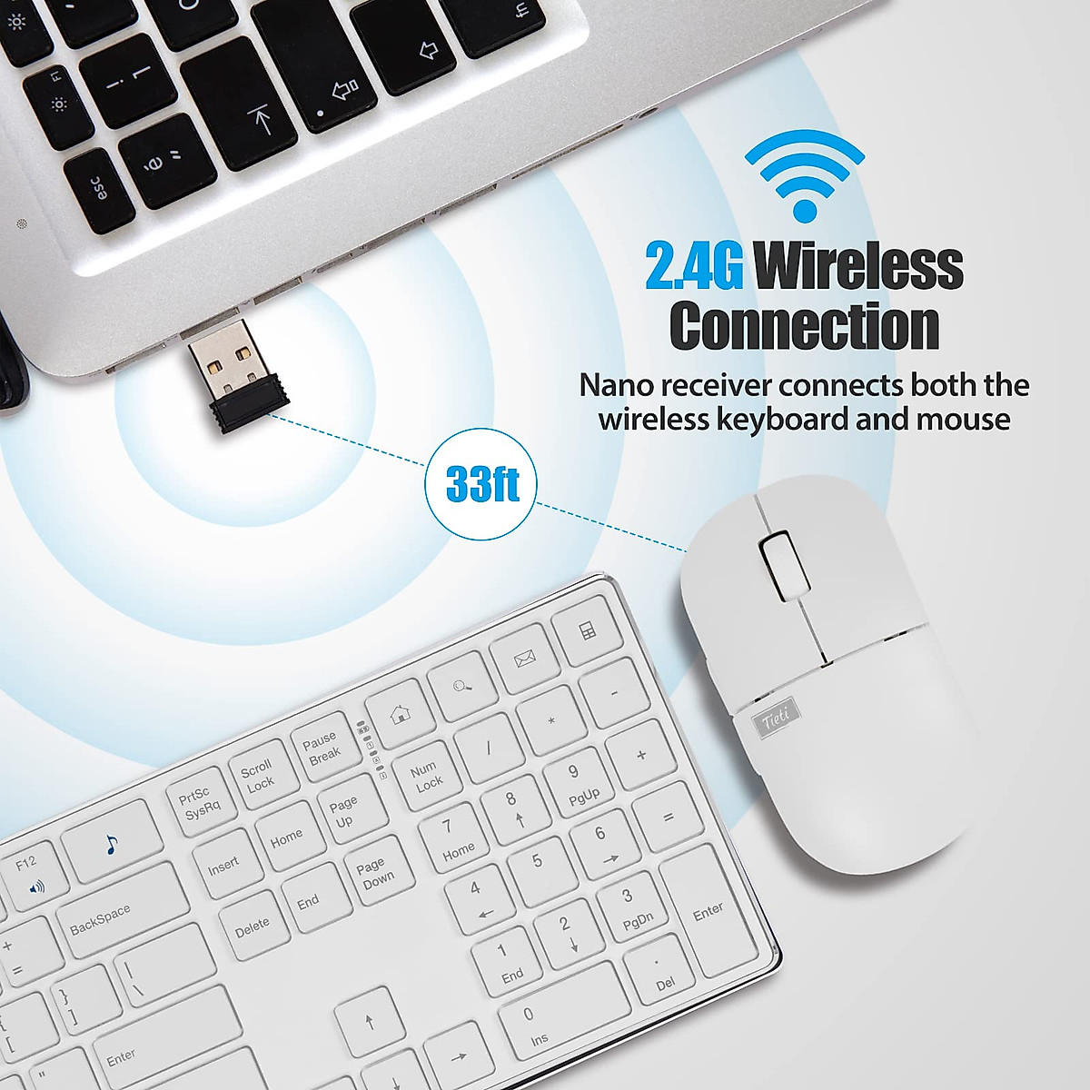 Wireless Keyboard and Mouse Combo, KM01R 2.4G Wireless Rechargeable Keyboard, 4 DPI Adjustable Cordless USB Keyboard and Mouse Set for Computer,Laptop,Windows,Mac (White)