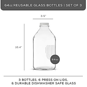 Glass Milk Bottle with Lid AND Pourer Multi-Pack. 64 Oz Reusable Glass Bottles with 6 Lids! Glass Milk Jug Pitcher, Buttermilk, Water or Juice Bottles with Caps, Syrup, Honey or Sauce Container