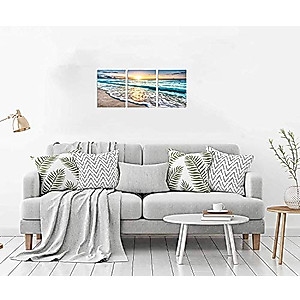 TutuBeer 3 Panel Beach Canvas Wall Art for Home Decor Blue Sea Sunset White Beach Painting The Picture Print On Canvas Seascape The Pictures for Home Decor Decoration,Ready to Hang