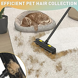 Sunally Rubber Broom Pet Hair Remover, Fur Remover Broom with Squeegee for Fluff Carpet, Hardwood Floor, Tile, Window, Black Yellow, includes Portable Lint Remover Brush and Broom Holder