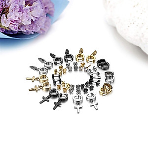 Aroncent 18 Pairs Stud Earrings Cross Dangle Earrings Fake Gauges Earrings Feather Huggie Hoop Earrings for Men Women Stainless Steel Earring Set