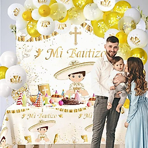 57Pcs Mi Bautizo Banner Backdrop Balloons Arch Garland Tablecloth Kit for He God Bless Baby Boy Baptism Party Decorations First Communion Decor Christening Celebration Accessories Gender Photo Background