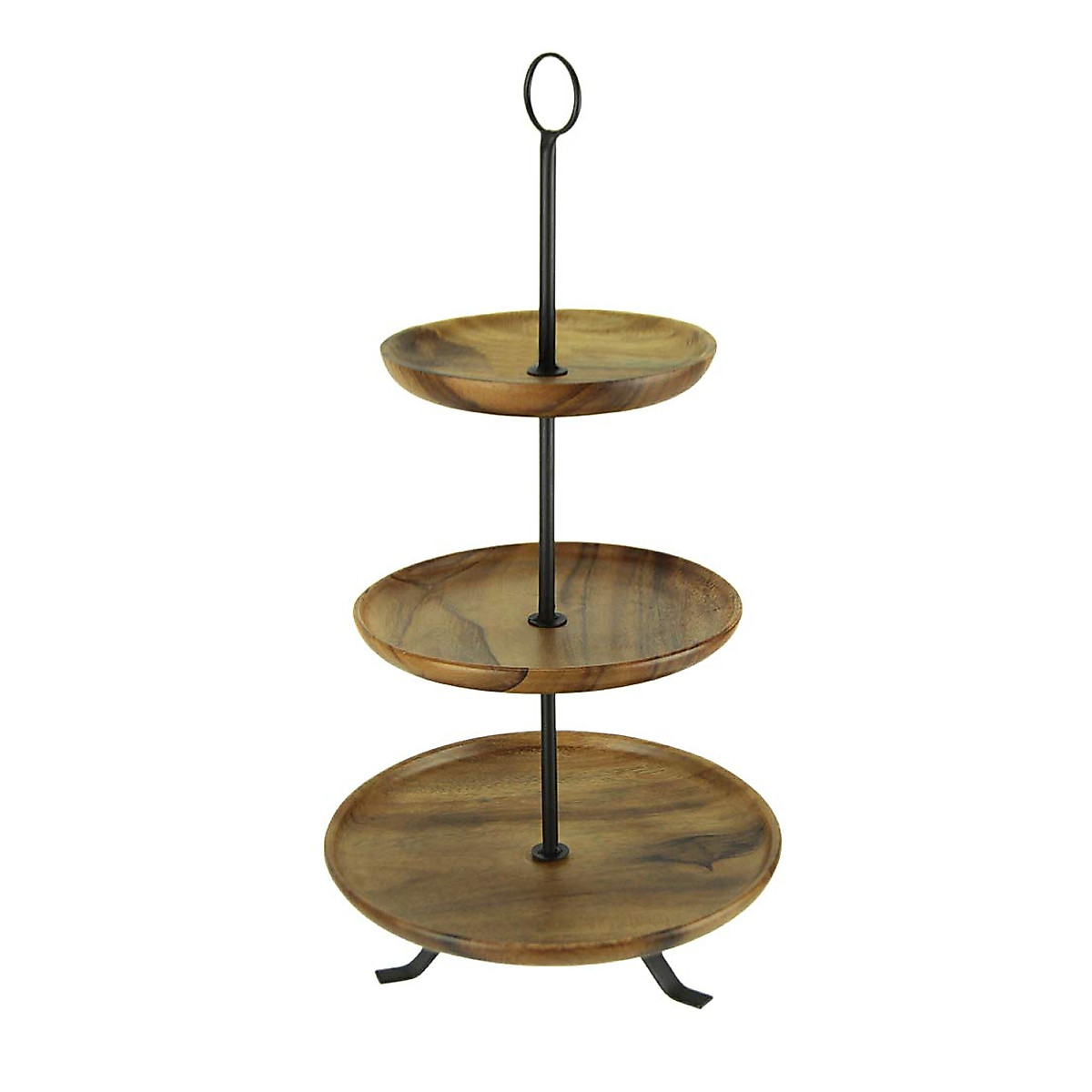 Rustic Three-Tier Wooden Farmhouse Serving Stand with Round Trays, Sturdy Metal Frame, and Boho Charm - 23.5 Inches High - Culinary and Decorative Delight