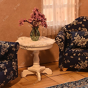 iLAND Dollhouse Furniture on 1/12 Scale for Dollhouse Living Room incl Sofa w/Pillow & End Table & Rug (Blue White Floral Armchairs Set)
