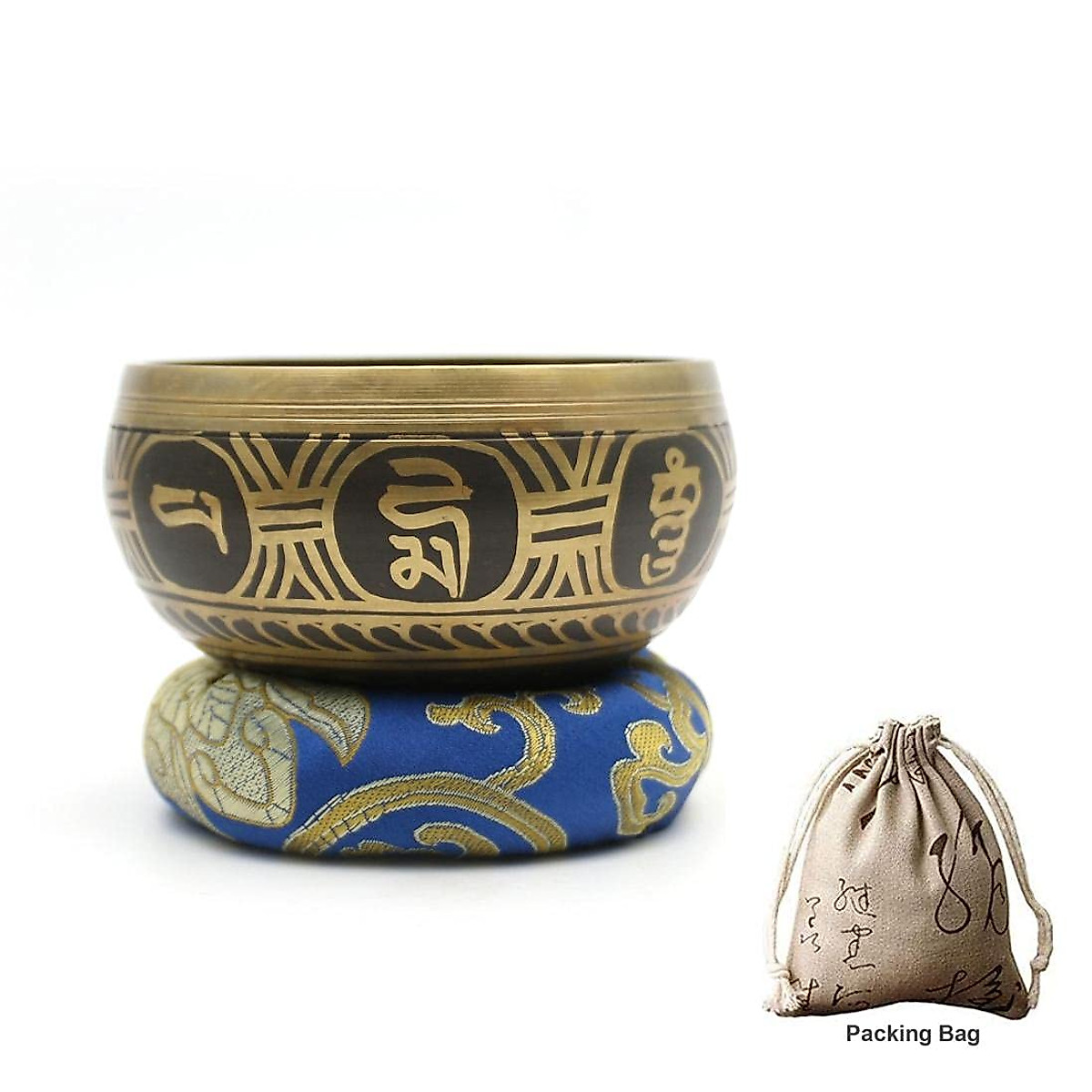 Tibetan Singing Bowl Set (3.74 inch) with Meditation Singing Bowl, Tingsha Cymbals for Healing, Yoga, Meditation, Mindfulness and Relaxation（Antique Light Brown 004）