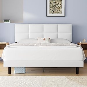 Molblly Full Size Bed Frame with Upholstered Headboard, Strong Frame, and Wooden Slats Support, Non-Slip and Noise-Free, No Box Spring Needed, Easy Assembly, Off White