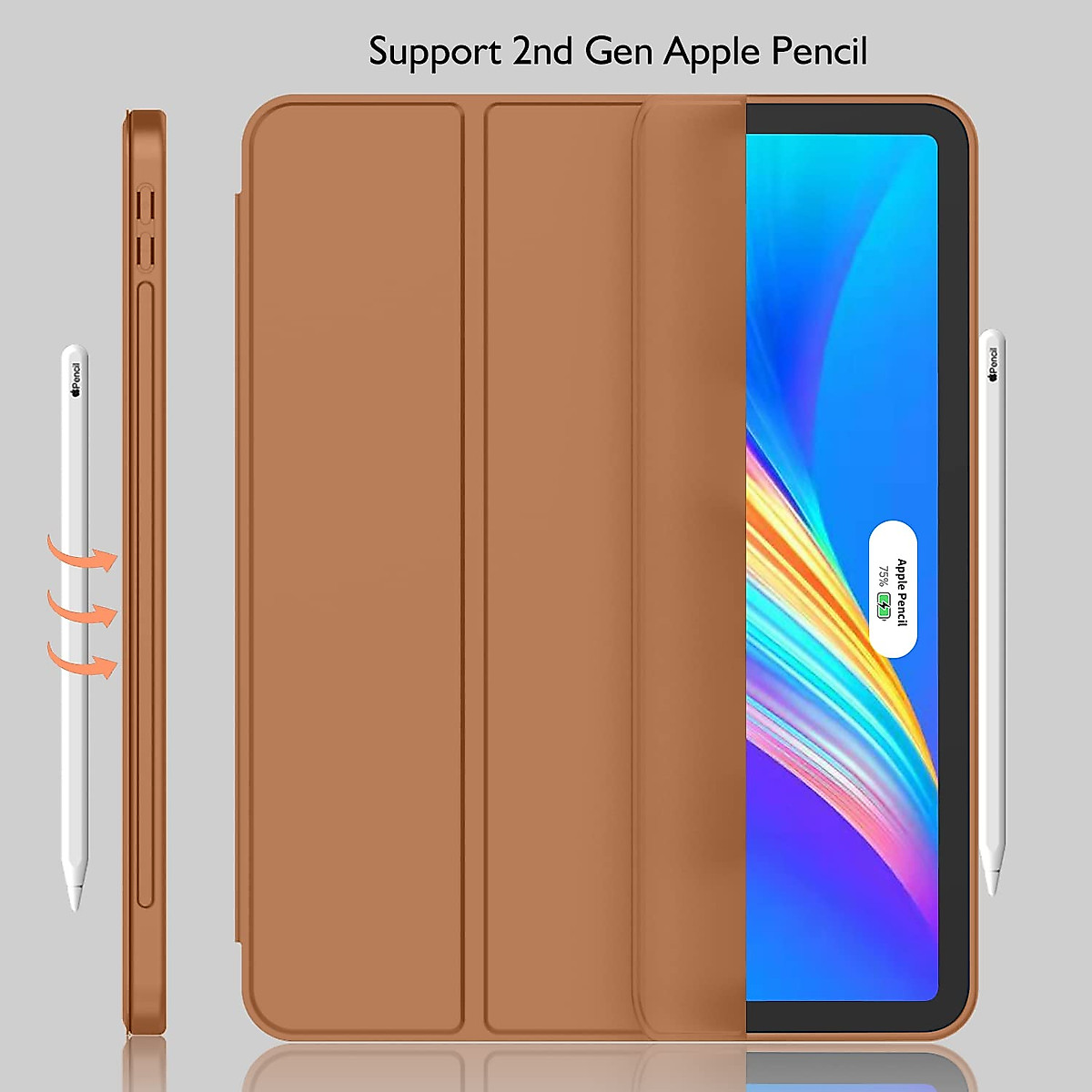 iMieet New iPad Pro 12.9 Case 2022(6th Gen)/2021(5th Gen) with Pencil Holder [Support iPad 2nd Pencil Charging/Pair],Trifold Stand Smart Case with Soft TPU Back,Auto Wake/Sleep(Brown)