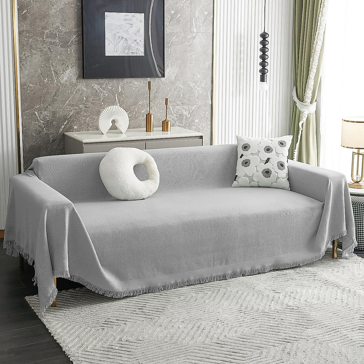 MYSKY HOME Couch Cover Sofa Covers Sectional Couch Covers for 3 Cushion Couch Sofa Cover for Living Room L Shaped Sofa Slipcovers for Dogs (X-Large, 71" x 118", Light Grey)