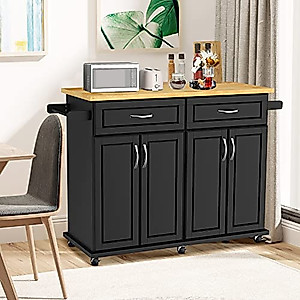 Codesfir Kitchen Island Cart with Storage Cabinet, Kitchen Island on Wheels with Drawer and Towel Rack, Rubber Wood Top, L48xW18xH36 Inches, Black