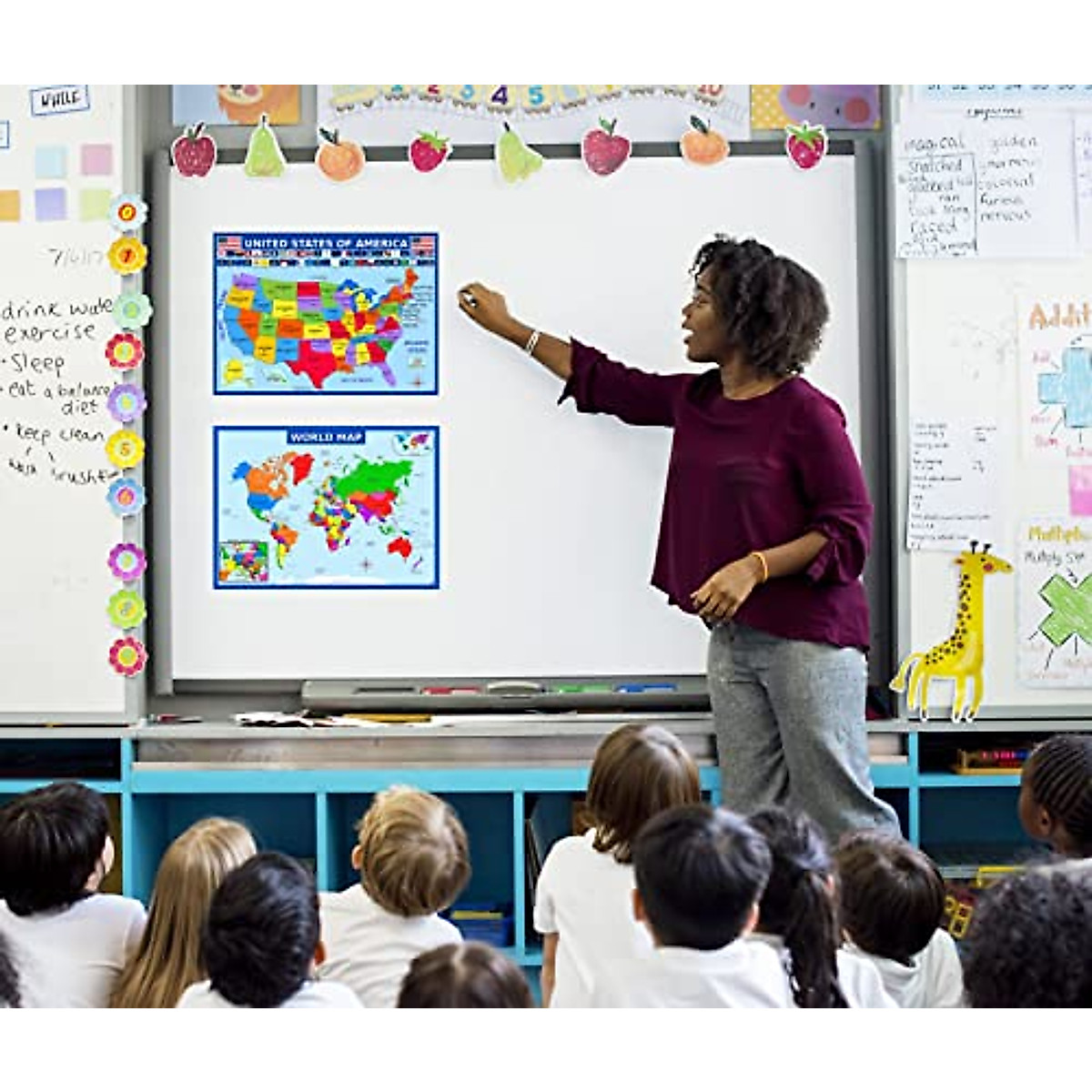 World Map Poster and USA Map with Extra Features - Laminated Educational Poster (14x19.5 in) – Maps for Kids, Classroom Decorations, Preschool and Elementary Learning, Teacher Supplies