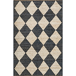 Rugs USA x Arvin Olano Louie Diamond Checkerboard Jute Area Rug, 8x10, Charcoal