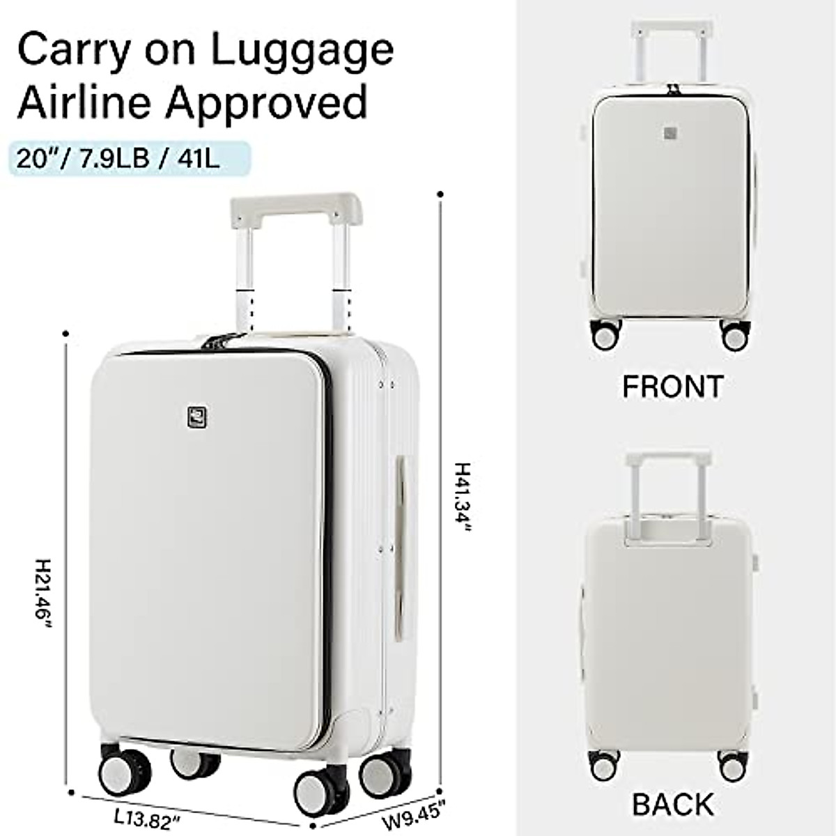Hanke 20 Inch Carry On Luggage with Front Pocket Aluminum Frame （Can Not Open in The Middle） Hard Shell Suitcases with Wheels Rolling Luggage Suitcase with Lock Travel Luggage for Weekender-Smoke White