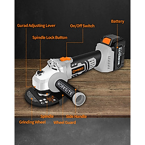 WORKSITE Cordless Angle grinder, 4-1/2 Inch Power Angle Grinder with 4-Pole Motor, Adjustable Auxiliary Handle, Cutting Wheels, Grinding Wheels and Flap Discs, 4.0 Ah Battery & Charger Included