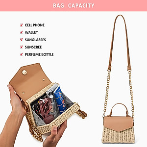 Like Dreams Fashion Chic Woven Straw Crossbody for Women Gold Chain Link Inner Plaid Fashion Summer Purse (Taupe)