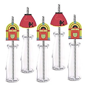 50s Themed Party Straw Decor, 24-Pack 1950s Party Cupcake Topper Decorations, Paper Decorative Straws