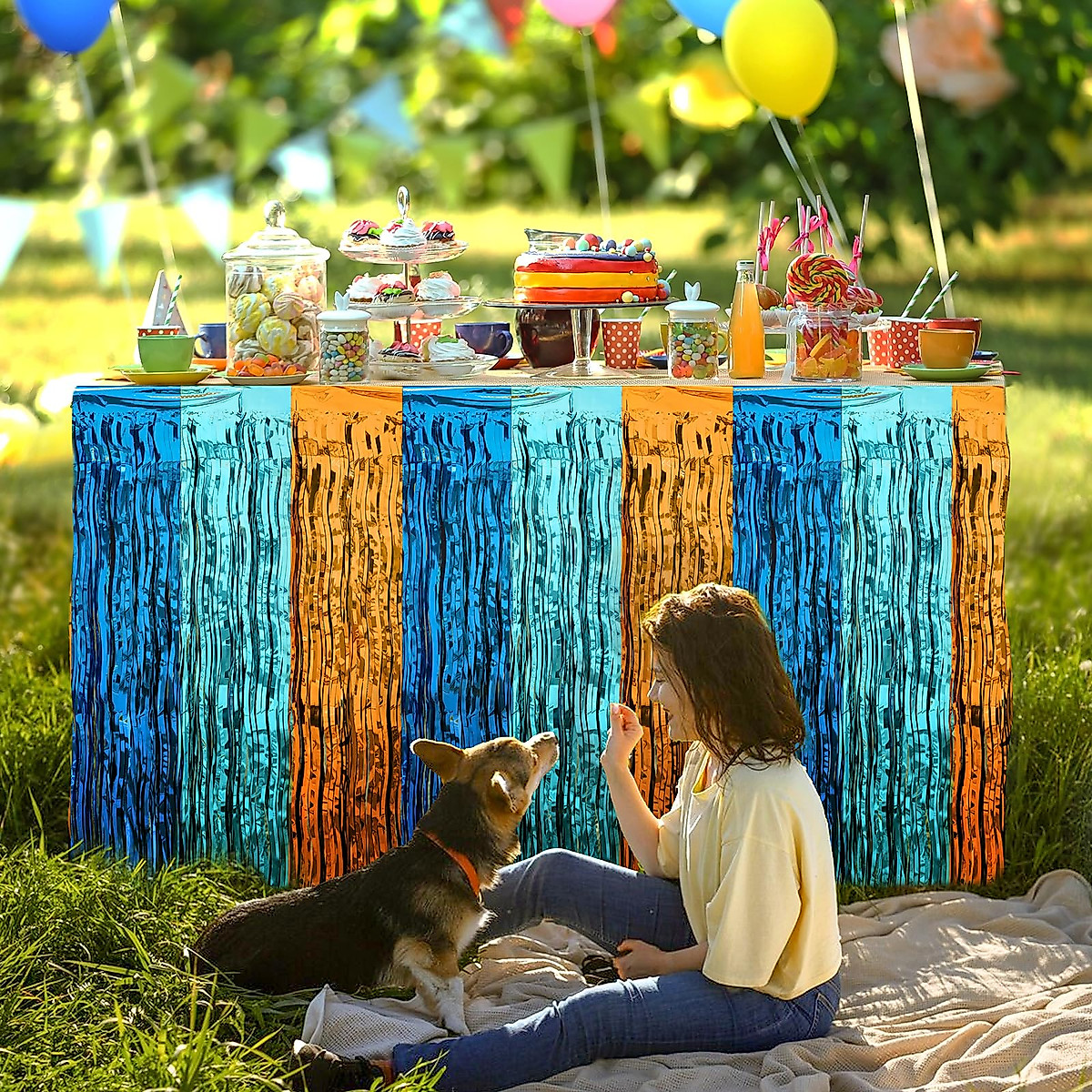 Blue Dog Birthday Party Decorations, Wavy Blue Orange Table Skirt Metallic Tinsel Foil Fringe Streamers for Square or Round Table (6ft/8ft), Blue Dog Themed Party Supplies - 29x108 Inches (2 Pcs)
