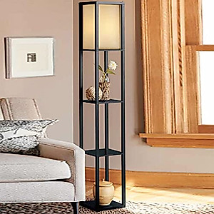 Battery Operated Floor Light with Remote Control,Wood Black Tall lamp with Shelves,Standing Light with Energy-Saving Light Bulb,Floor Light with Fabric lampshade,with Bulb+Remote+Charging Cable