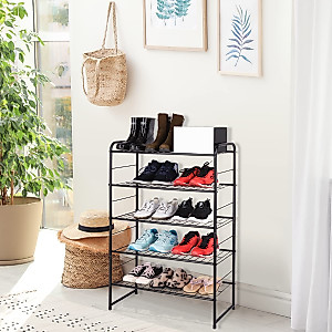 REGILLER 5-Tier Stackable Shoe Rack, Expandable & Adjustable Shoe Organizer Storage Shelf, High Capacity, Wire Grid, Black