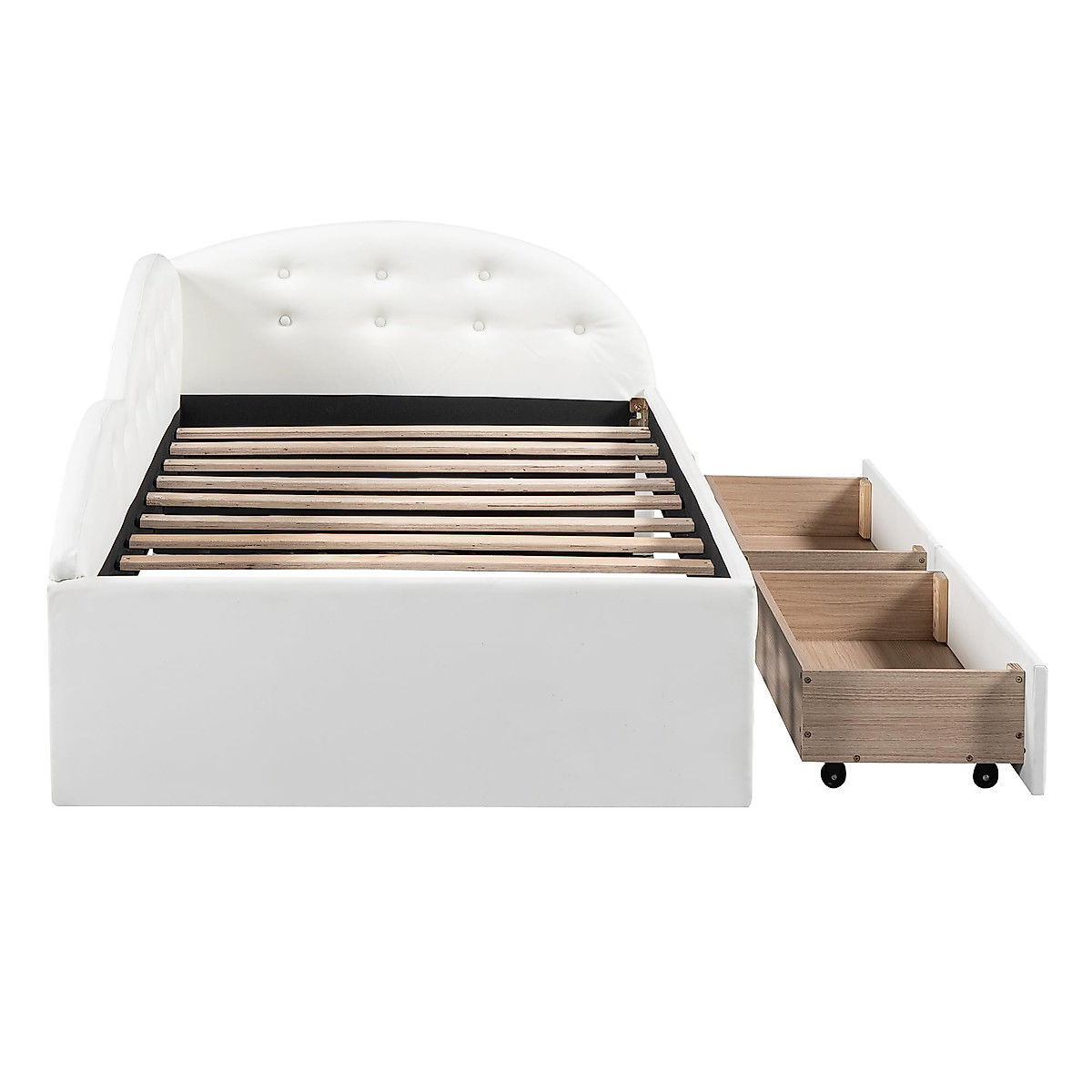 Hlcodca Twin Size Upholstered Daybed with Two Drawers and Cloud Shaped Guardrail, Pu Upholstered Tufted Platform Bed Frame with Wooden Slat Support for Bedroom Living Room (White-007)