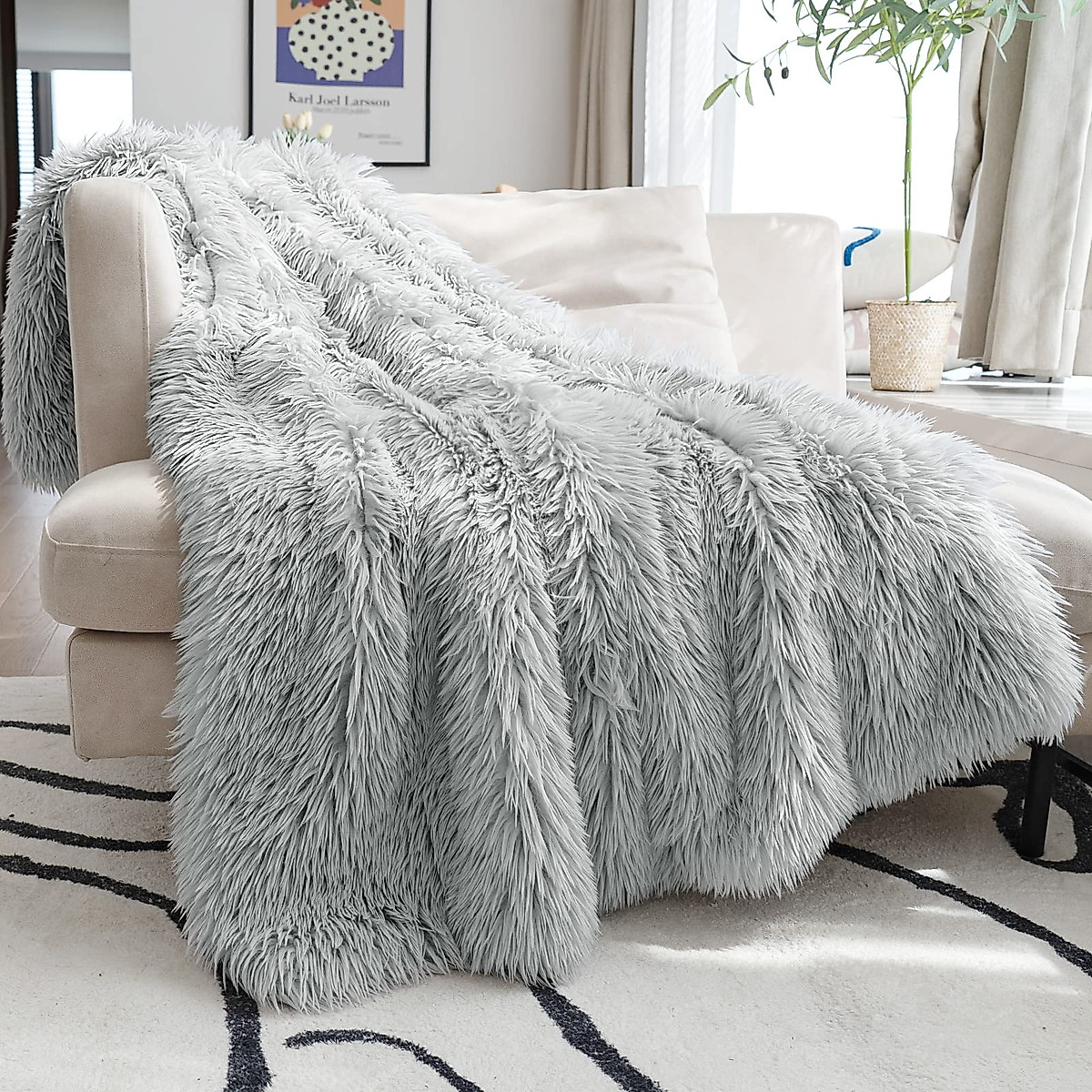 JONIYEAR Decorative 2.8" Long Hair Soft Fuzzy Faux Fur Throw Blanket 50" x 60",Luxury Reversible Fluffy Blankets for Couch Sofa Chair,Lightweight Accent Cozy Plush Thick Warm Shaggy Furry Blanket,Grey