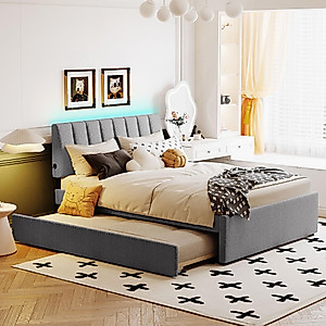 Favfurish Teddy Fleece Full Size Upholstered Platform Bed with Trundle & LED Lights, Wooden Bedframe,No Box Spring Needed, w/Wood Slat Support,for Bedroom,Guest Room, Gray