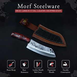 Morf Steelware High Carbon Steel Cleaver Chopper Knife, 9.75 inch Kitchen Knife with Leather Sheath, Chopping & Cutting Chef Knife For Meat and Vegetable - Red Pakka Wood Handle