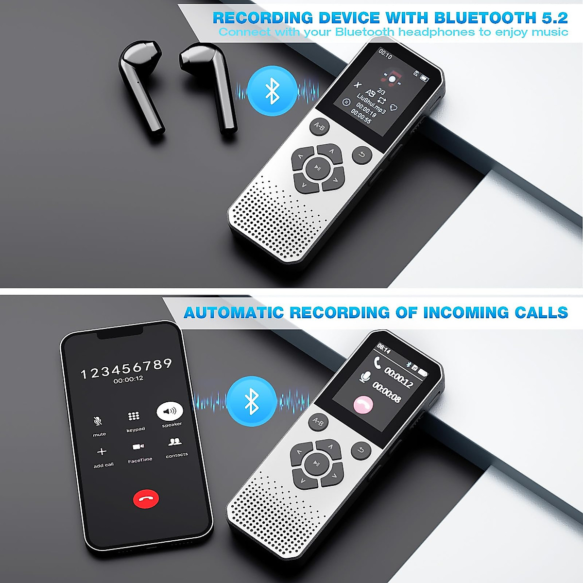 64GB Voice Recorder, Digital Voice Recorder with Bluetooth, Tape Recorder Up to 3072kbps Bit Rate, Voice Activated Recorder with Playback, Audio Recorder for Interview Meetings Lecture
