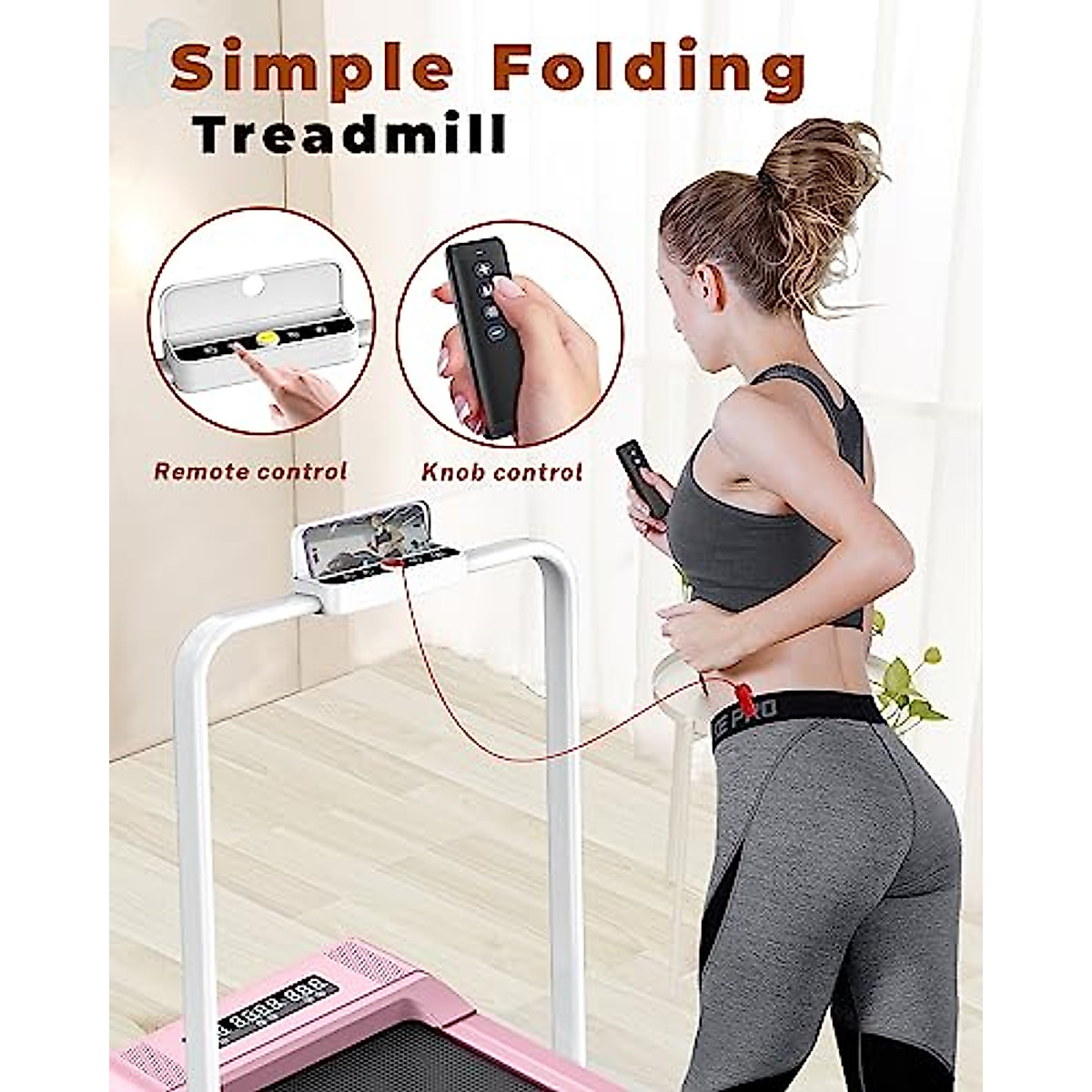 Dskeuzeew Under Desk Treadmill Walking Pad with Bluetooth&Remote, 2-in 1 Electric Treadmill Running Jogging Machine Max 265lb(Pink&White-Handle)