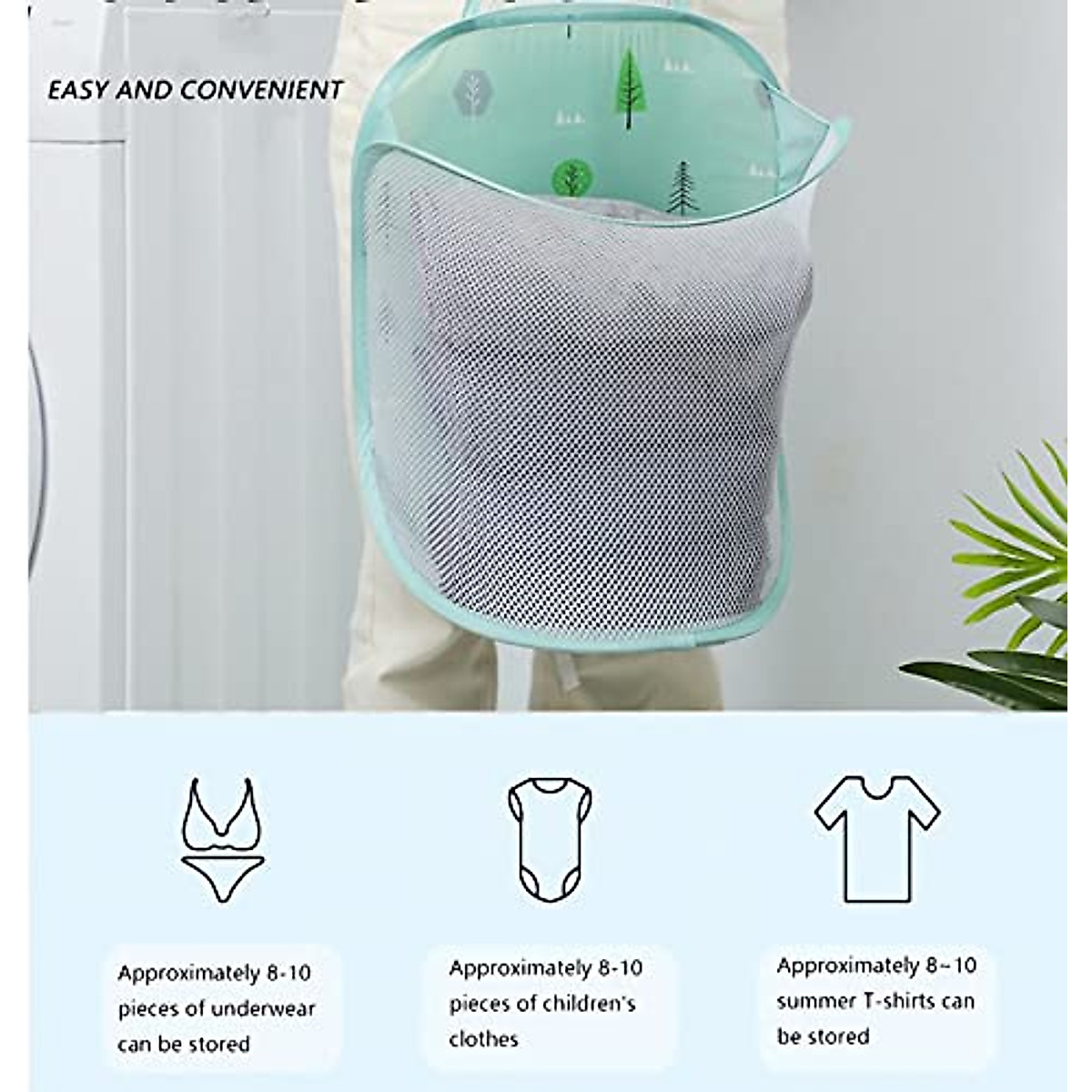 Mesh Hanging Popup Laundry Hamper, Foldable Pop-up Mesh Hamper Dirty Clothes Basket With Carry Handles Easy to Open and Fold Flat for Storage, Odors & Moisture Proof (Green)