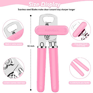 Mebotem 10 Colors Can Opener Manual Handheld Heavy Duty Hand Can Opener Smooth Edge Stainless Steel Can Openers Top Lid Kitchen Gadgets, Best Large Rated Easy Turn Knob, with Bottle Opener, Pink