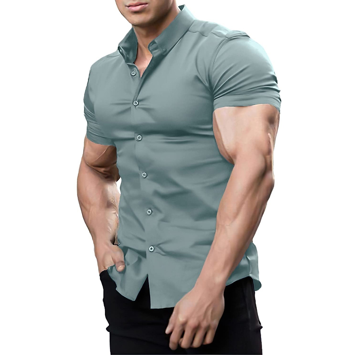 Casual Men's Muscle Fit Dress Shirts Short Sleeve Athletic Fit Button Down Shirts Light Green L