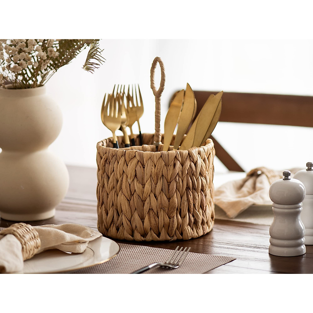 StorageWorks Wicker Flatware Organizer, Hand Woven Water Hyacinth Cutlery Holder for Countertop with Handle, 1 Pack