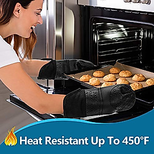 KOHSEN Silicone Oven Mitts and Pot Holders Set, 6 Piece Set with 2 Hot Pads-Heat Resistant to 450℉-Extra Long 15 Inch Professional Silicone Oven Mitts for Grilling Cooking Baking(Black)