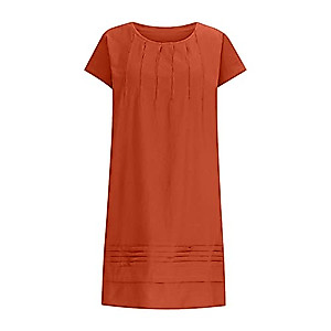 Linen Dress for Women Summer Plus Size Women's Summer Linen Dress Crewneck Short Sleeve Tshirt Dress Empire Waist Smocked Flow Boho Beach Sundress Petite Linen Dresses