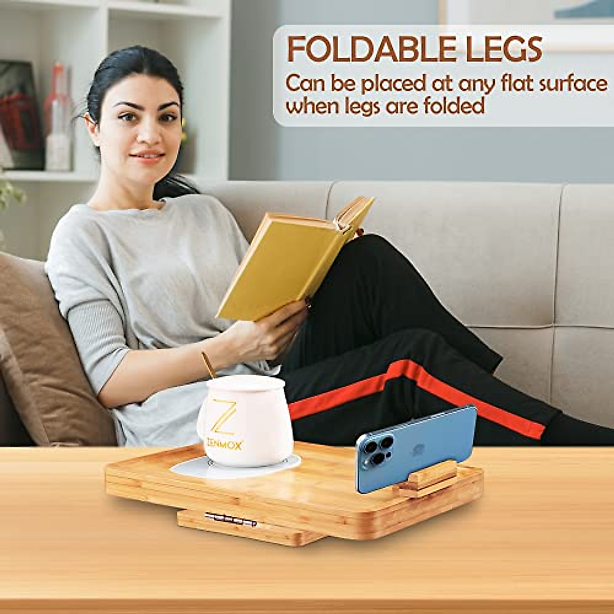 Zenmox Bamboo Clip On Couch Tray Built-in Mug Warmer with Mug Set - Table for Food, Drink Holder - Modern, Sleek Design - with 360° Rotating Phone Holder