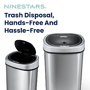 NINESTARS DZT-50-9 Automatic Touchless Infrared Motion Sensor Trash Can, 13 Gal 50L, Stainless Steel Base (Oval, Silver/Black Lid)