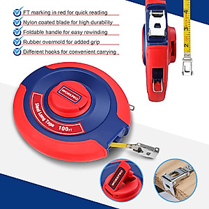 WORKPRO 100 FT Tape Measure, Closed Reel Steel Long Tape with Foldable Handle, Nylon Coated, Plastic and Rubber Case