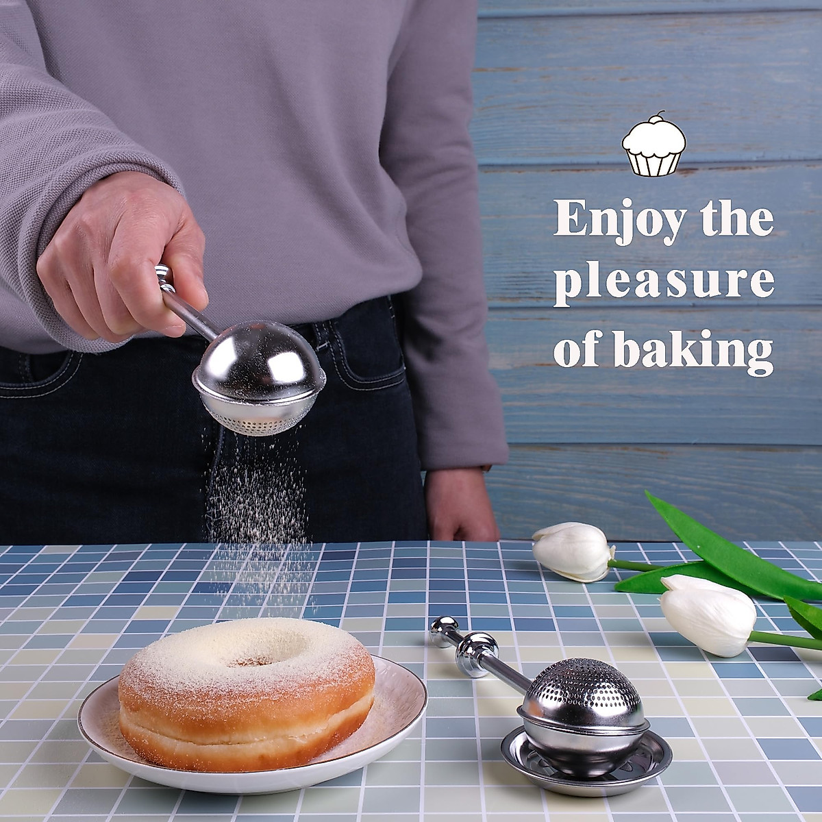 meeggrace Sugar Shaker, Flour Sifter, Flour Duster for Baking, 304 Stainless Steel Powdered Sugar Spring Duster for Baking, Flour, Spices and Tea Strainers, Household utensils, Namely, Strainers.