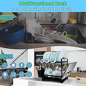 huspossesser Dish Drying Rack with Drainboard, 2 Tier Small Dish Rack, Dish Racks for Kitchen Counter, Stainless Steel Dish Drainer with Utensil Holder, Cup Rack and Cutlery Holder, Black