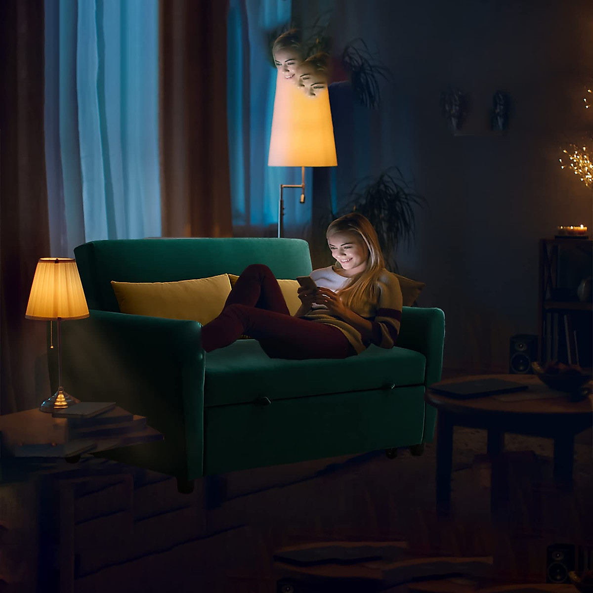 Couch with Pull Out Bed, Sleeper Couch Small Velvet Sofa with 2 Seats Sofa and Reversible Chaise, for Living Room Bedroom Small Space, 2 Lumbar Pillows, Compact, Green