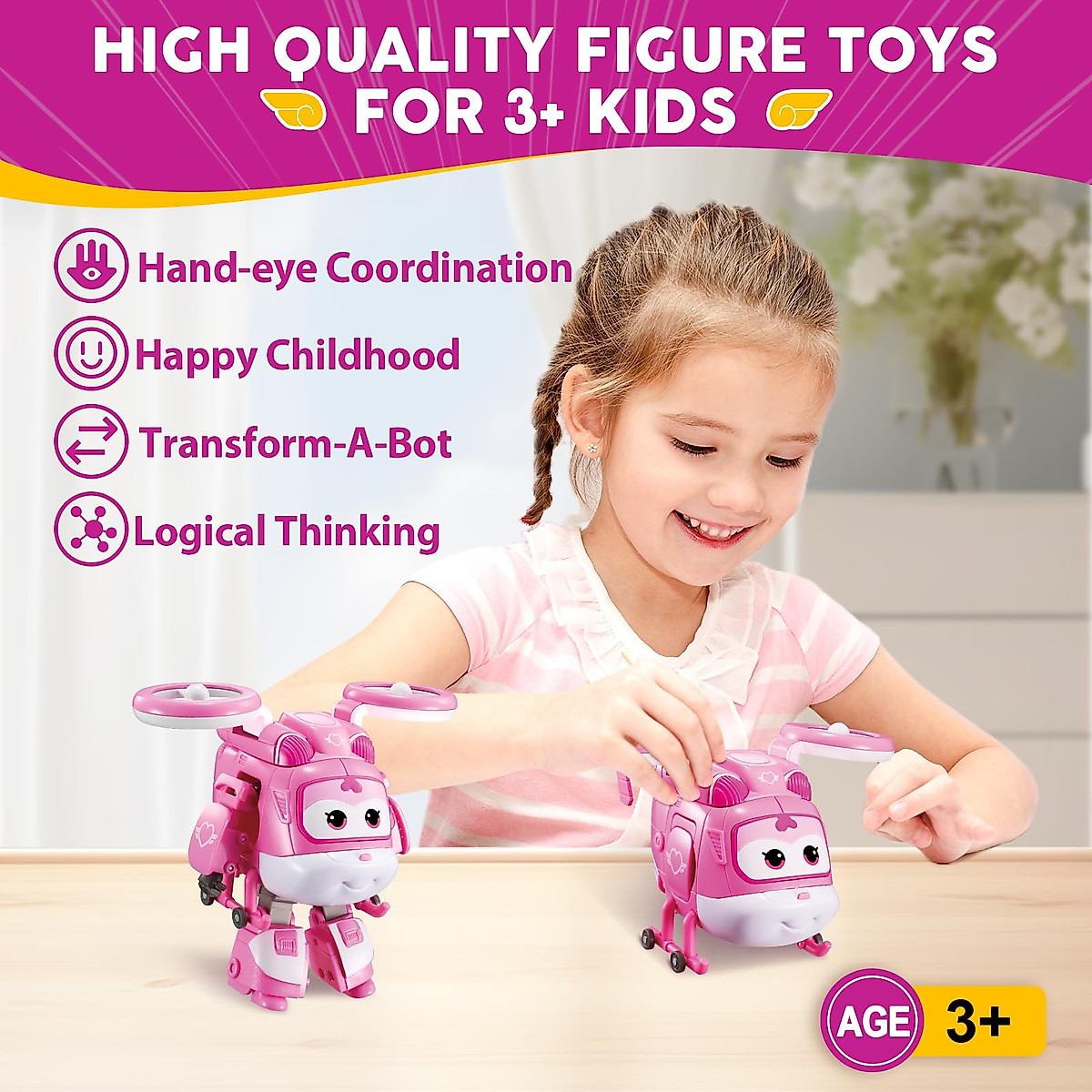 Super Wings 5" Transforming Supercharged Dizzy Airplane Toys, Action Figure Plane to Robot, Suitable for 3 4 5 Years Old Kids, Fun Flying Toy Plane for Preschool Boys and Grls, Birthday Gifts, Pink