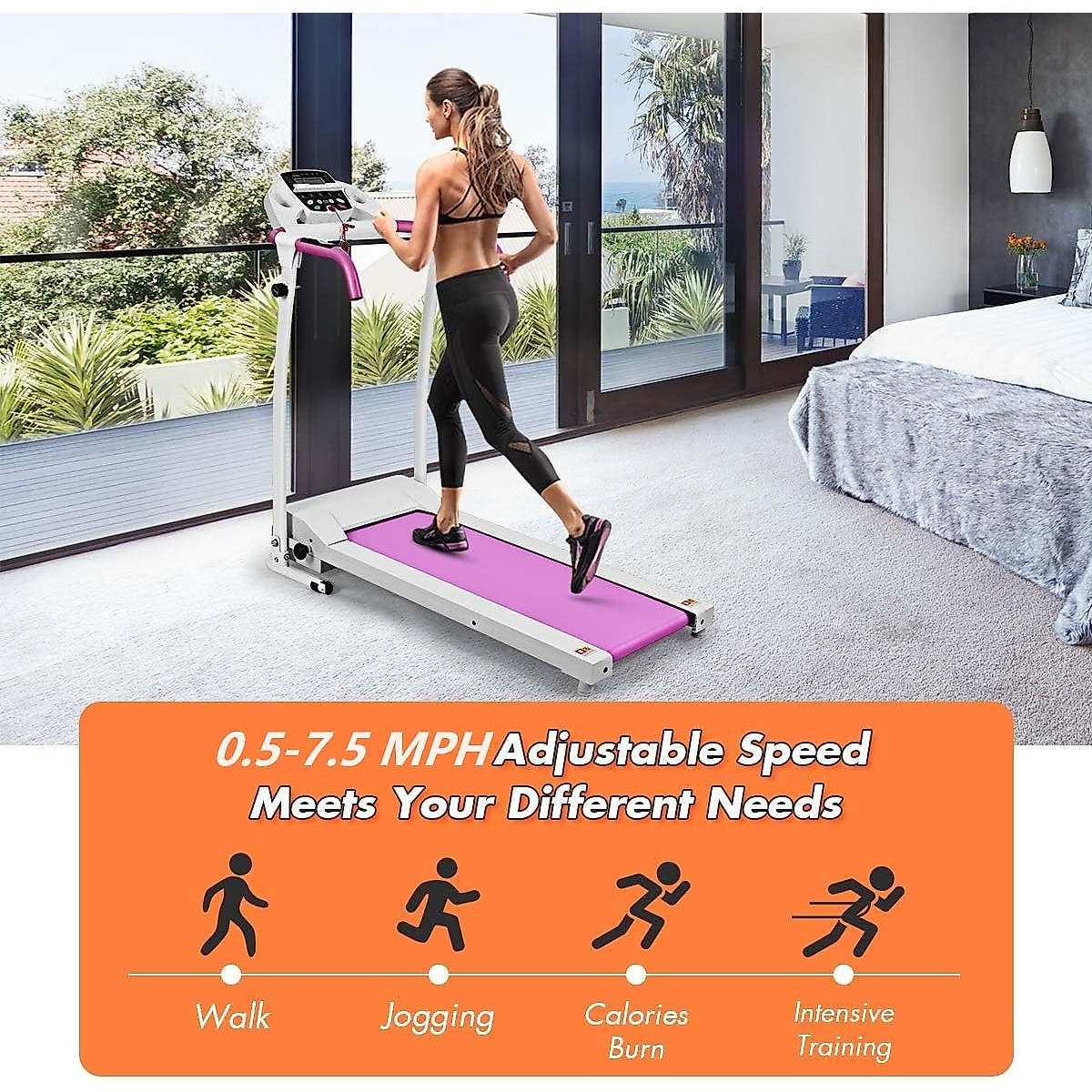 GYMAX Foldable Treadmill, Portable Treadmill with with 12 Preset Programs, LCD Monitor, Built-in Wheels & Pulse Sensor, Freestanding Easy Assembly Running Machine for Small Space Home Gym (Pink)