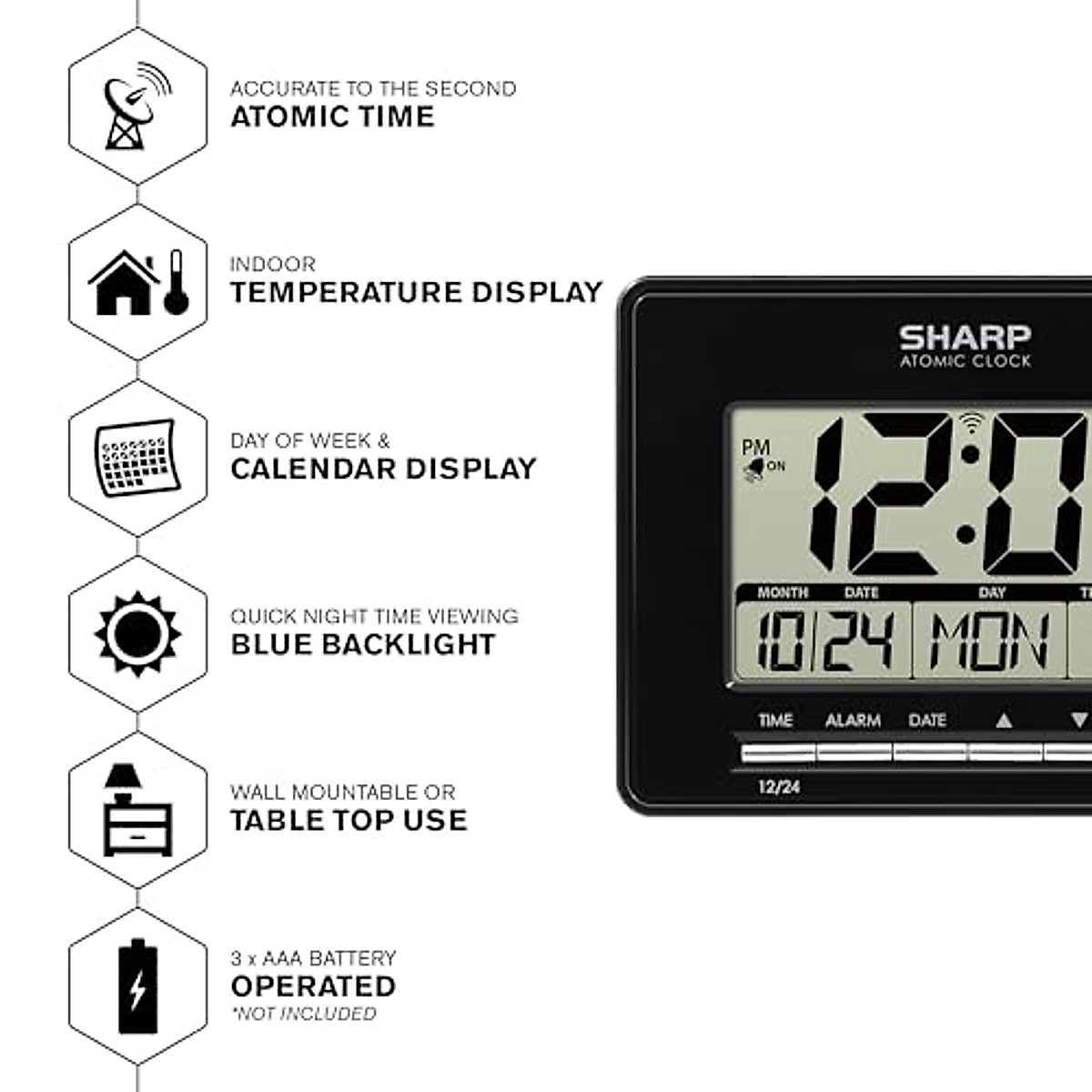 Sharp Atomic Desktop Clock – Auto Set Digital Alarm Clock - Atomic Accuracy - Easy to Read Screen with Time/Date/Temperature Display- Perfect for Nightstand or Desk