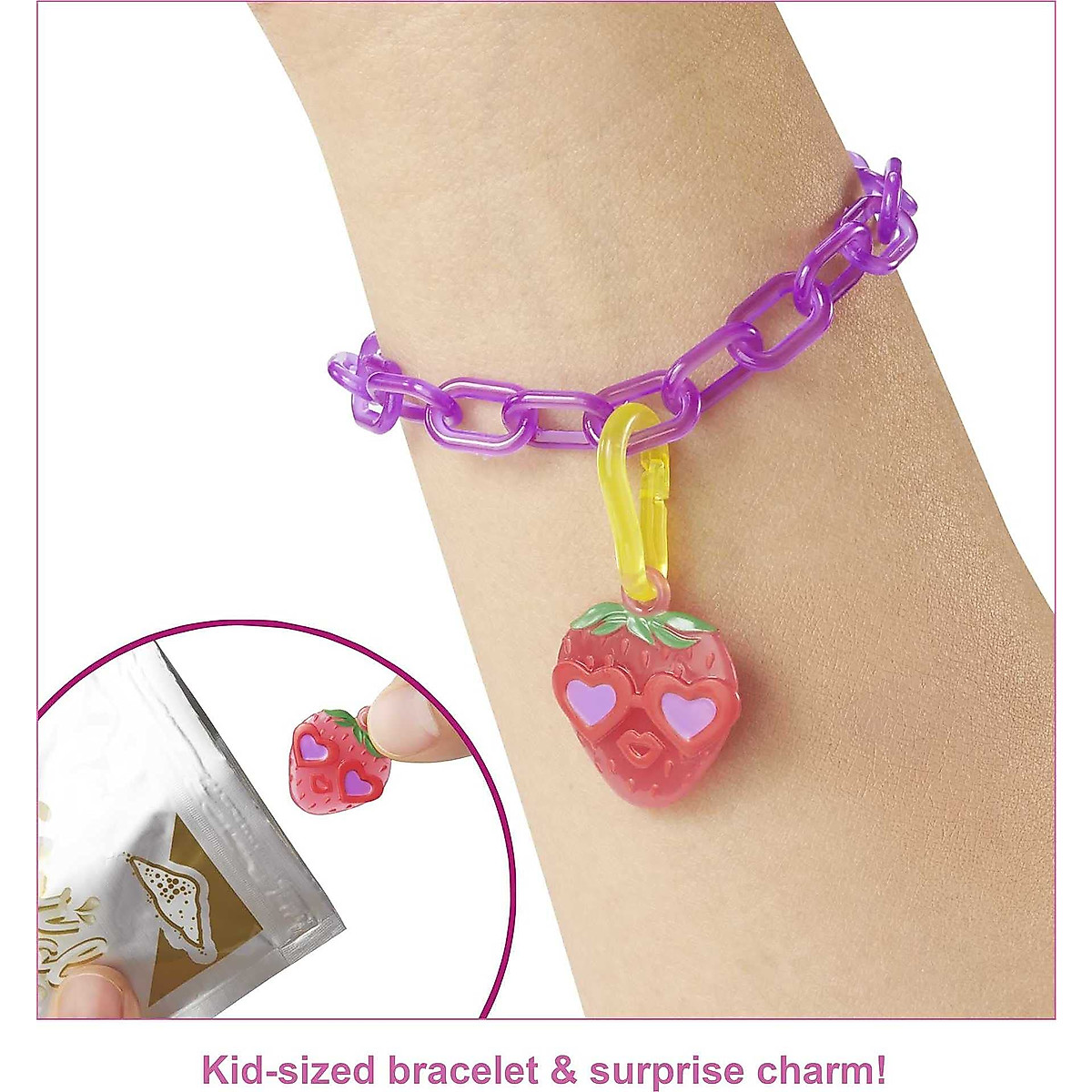 Barbie Color Reveal Foam! Doll & Pet Friend with 25 Surprises: Scented Bubble Solution, Outfits, Hair Extension, Accessories, Kid Bracelet & Charm Hidden in Sand; Sunny Strawberry-Theme